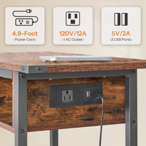 HOOBRO Narrow LED End Table with Charging Station, Small Side Table Outlets, Nightstand with USB C Port, Skinny Couch Table, for Living Room, Bedroom, Bedside, Rustic Brown and Black BF130UDBZ01