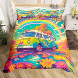 retro hippie daisy floral duvet cover set twin size,vintage camper bus bedding set for kids girls teens women room decor,boheiman rainbow flower comforter cover colorful quilt cover,1 pillowcase