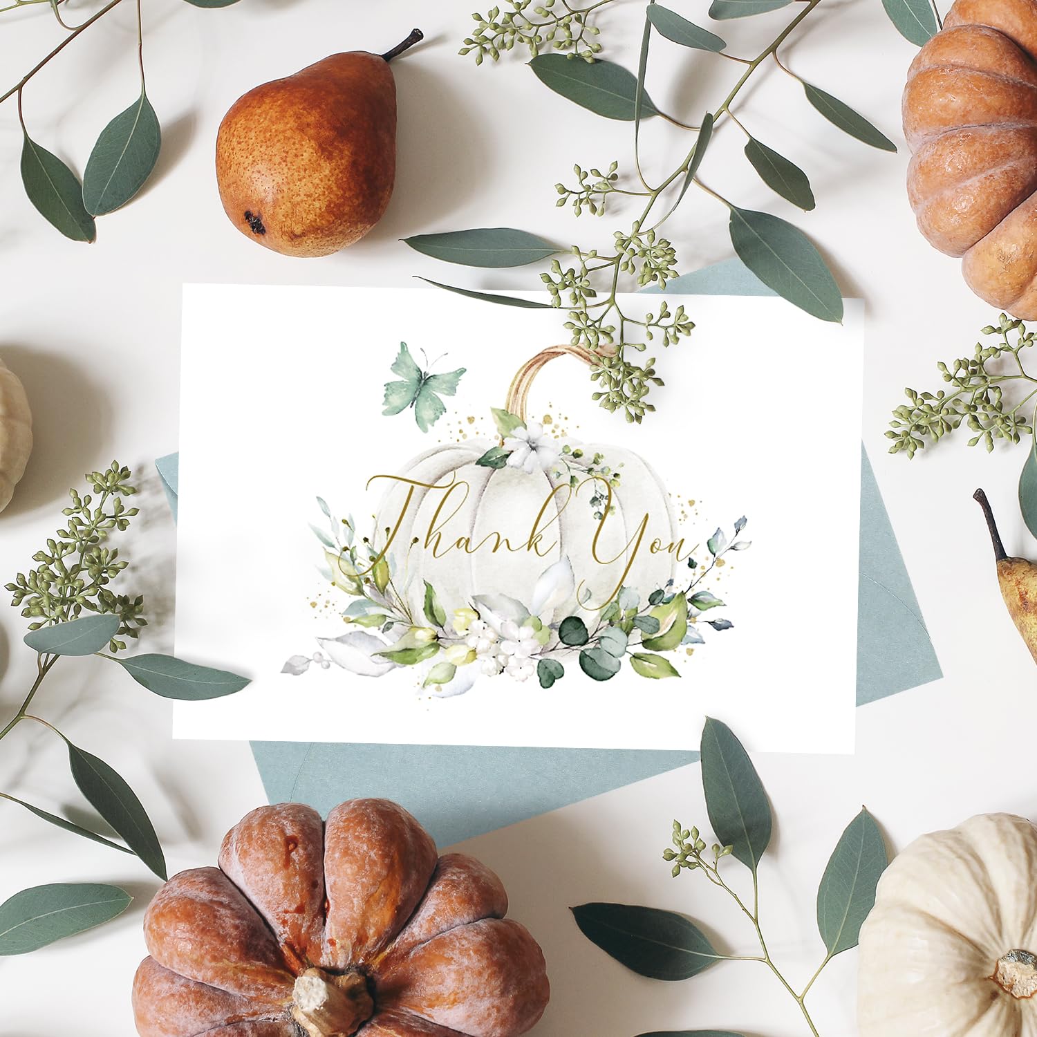 Quera 24 Pack Fall Thank You Cards Floral Pumpkin Autumn Blank Greeting Cards With Envelopes Stickers For Fall Baby Shower Weddings Thanksgiving Bridal Shower - 4x6 Inch