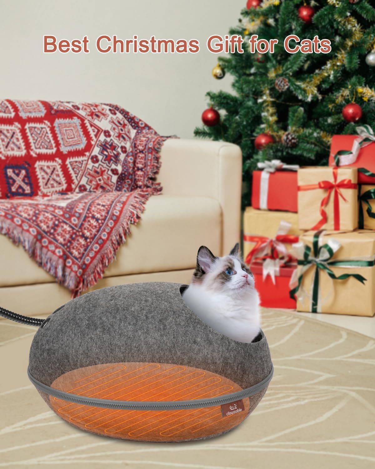 clawsable Heated Cat Bed for Large Cats, 19" Detachable Cave Heated Pet Bed with Time & Temp Adjustable Pet Heating Pad for Indoor Cat, Electric Cat Bed Heater Warmer for Cat