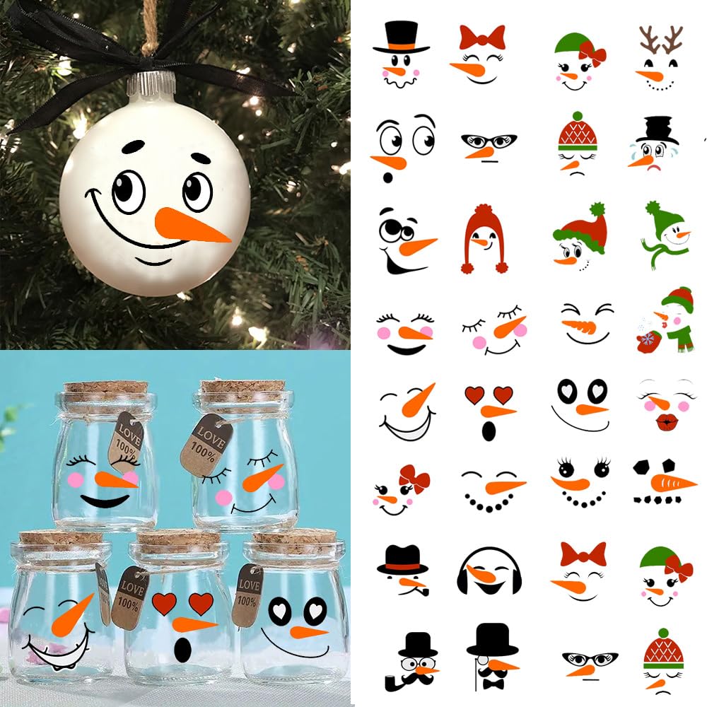 iMagitek 36 Pcs Snowman Face Stickers for Christmas Ornaments Snowman Face Decals DIY Vinyl Stickers for Water Bottles Christmas Ball Refrigerator Window Clings Christmas Decorations