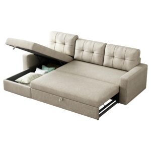 YOPTO 81.5" Sectional Sleeper Sofa with Storage Chaise, L Shaped Pull Out Couch Bed with 3 Removable Back Cushion for Living Room, Apartment,Office,Beige