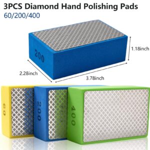 XKDOUS 3PCS Diamond Hand Polishing Pads,Diamond Sanding Pads 60/200/400 Grit Sanding Block Foam Backing for Tile Glass Stone Marble Granite Ceramics Metal Wet&Dry