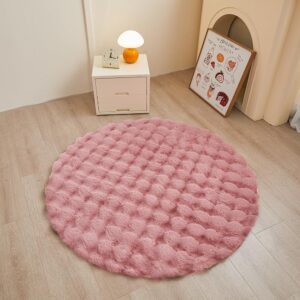 Pink Round Rabbit Plush Rug for Bedroom Living Room Sofa,4'X4' Faux Fur Fluffy Shaggy Circle Rug for Kids Teen Girls Room,Furry Carpet Circular Rug for Nursery Baby Room