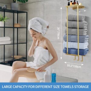 HOTNIU Towel Rack Wall Mounted Bathroom Towel Holder for Rolled Towels, Gold Metal Towel Storage Organizer with Shelf and 3 Removeable Hooks