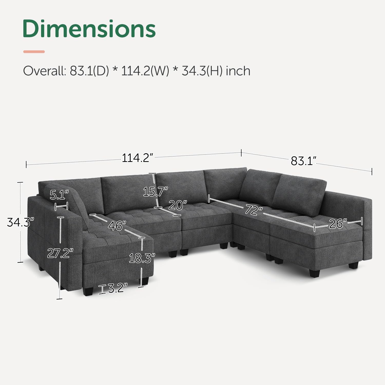 HONBAY Modular Sleeper Sectional Sofa Sectional Sleeper Couch with Storage Ottoman Reversible Modular Sofa for Living Room Dark Grey