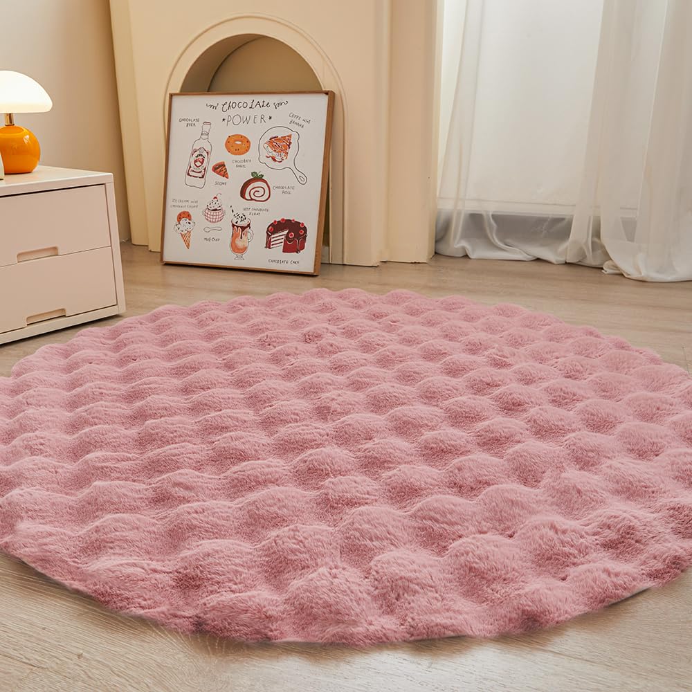 Pink Round Rabbit Plush Rug for Bedroom Living Room Sofa,4'X4' Faux Fur Fluffy Shaggy Circle Rug for Kids Teen Girls Room,Furry Carpet Circular Rug for Nursery Baby Room