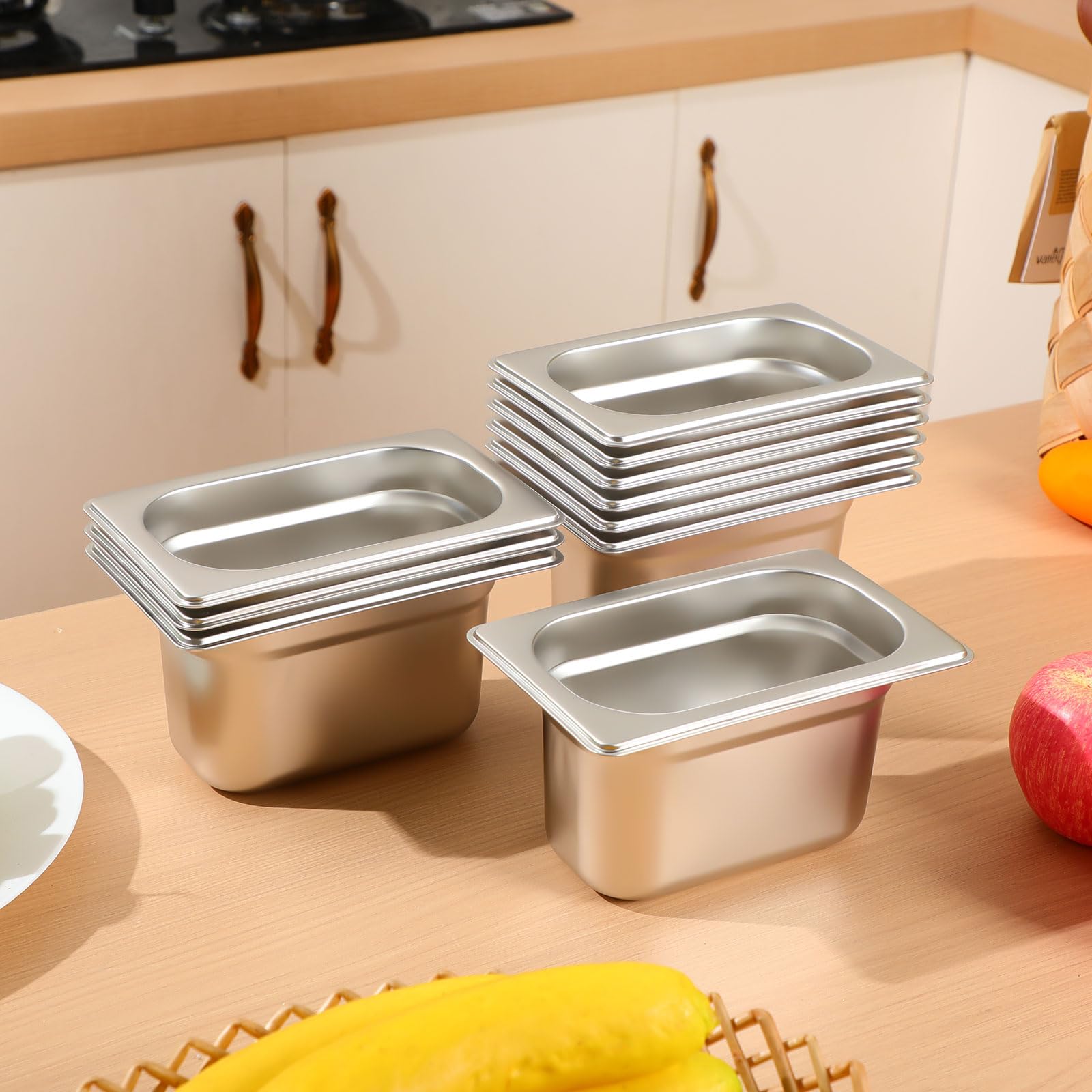 Thenshop 10 Pcs 1/9 Size 4 Inch Deep Hotel Pan Stainless Steel Steam Table Pan Commercial Metal Food Catering Tray for Hotel, Restaurant, Buffet, 0.8 mm Thick, 6.9 L x 4.3 W (European Style)