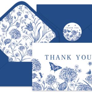 Whaline 24Pcs Blue Floral Thank You Cards with Envelopes and Stickers Blue Flower Butterfly Greeting Cards Vintage Blank Note Cards for Wedding Bridal Baby Shower