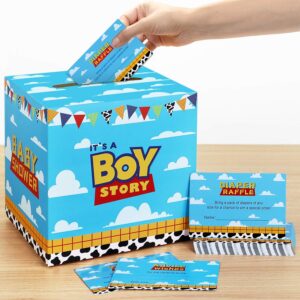 heboland cartoon toy baby shower decorations diaper raffle box with 50 tickets cards,it's a boy story baby shower theme game