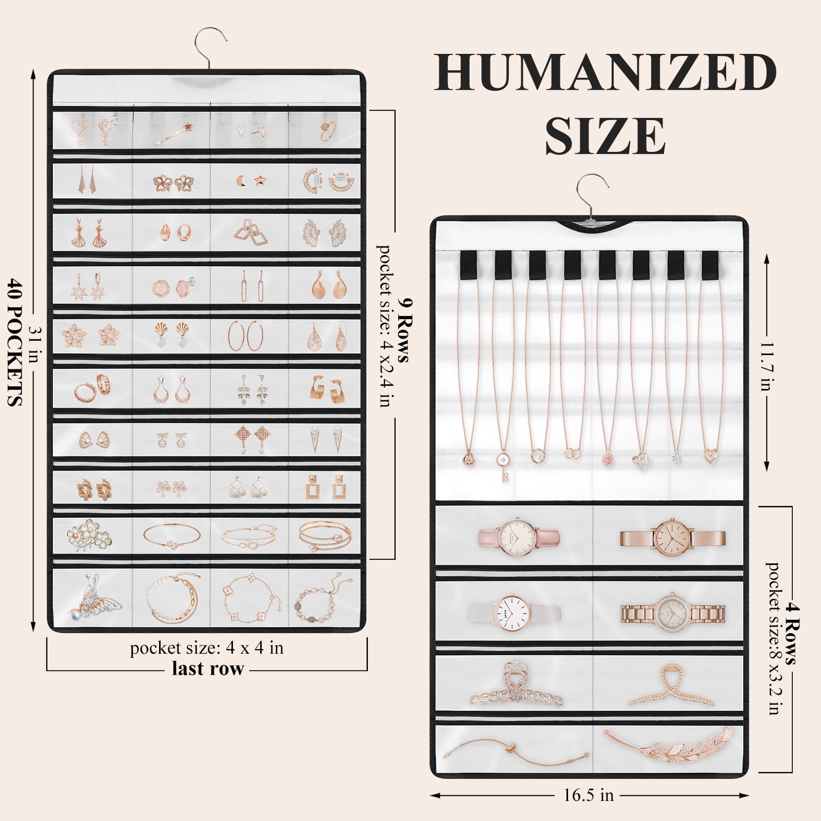 Elegant Hanging Jewelry Organizer for Closet, Double-Sided Dustproof Closet Jewelry Organizer for Earrings Necklaces Rings, Metal Hooks Wall Hanging Jewelry Organizer for in Hanging Closet, Wall, Door