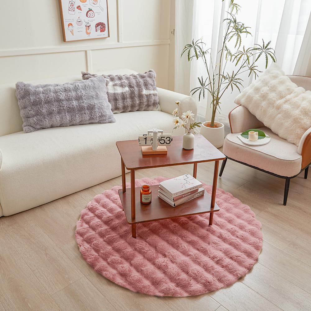 Pink Round Rabbit Plush Rug for Bedroom Living Room Sofa,4'X4' Faux Fur Fluffy Shaggy Circle Rug for Kids Teen Girls Room,Furry Carpet Circular Rug for Nursery Baby Room