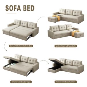 YOPTO 81.5" Sectional Sleeper Sofa with Storage Chaise, L Shaped Pull Out Couch Bed with 3 Removable Back Cushion for Living Room, Apartment,Office,Beige