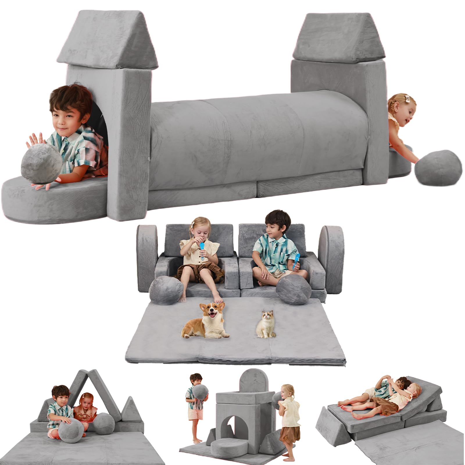 AiWMGL Nugget Couch Kids Grey with Crawl Tunnel Convertible Play Mat, Modular Play Couch for Toddlers 1-3, Kids Couch Building Fort 1-10 Years, Floor Soft Foam Sofa for Toddler