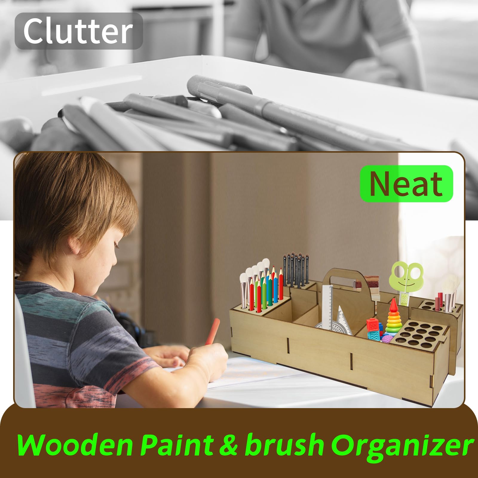 G TASTE Wooden Paint Brush Holder with 60 Holes, Craft Supplies Storage Rack, Brush Tool Holder, Paint Brush Organizer with MDF Material, Suitable for Arts Writing Tools