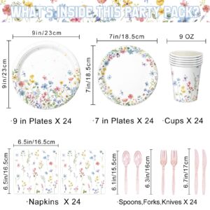 LINHAXM 168PCS Wildflower Party Decorations Spring Floral Baby Shower Birthday Decorations Include Plates, Cups, Napkins, Cutlery for Wildflower Baby Shower Tea Decorations, Serve 24