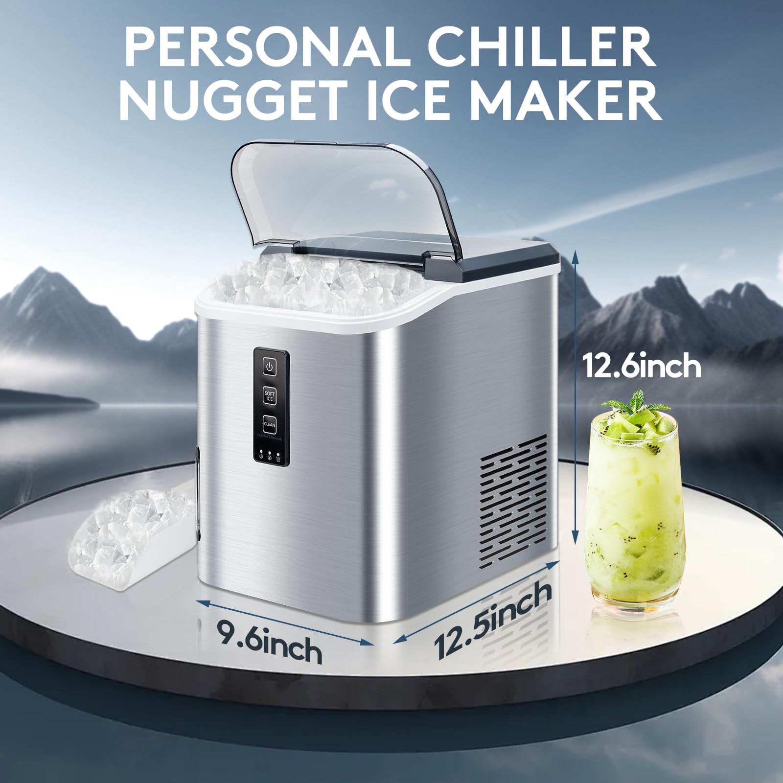 PERSONAL CHILLER Soft Nugget Countertop Ice Maker, 50lbs in 24H,Self-Cleaning Chewable Pellet Ice Machine for Kitchen,Party Bar Office,Camping, Stainless Steel Silver