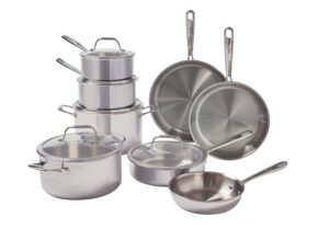 t-fal pro tri-ply stainless steel cookware set 13 piece, induction compatible oven safe 500f, lids 350f, fast & even heat, professional quality & durability, pots and pans set, dishwasher safe, silver