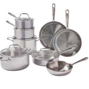 T-fal Pro Tri-Ply Stainless Steel Cookware Set 13 Piece, Induction Compatible Oven Safe 500F, Lids 350F, Fast & Even Heat, Professional Quality & Durability, Pots and Pans Set, Dishwasher Safe, Silver