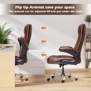 ZZWHOM Wider Office Chair w/Flip-Up Arms Executive Leather Office Chair w/Lumbar Support Adjustable Swivel Home Desk Chair w/Rocking Function (Brown)