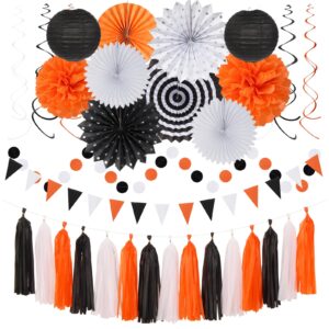 black white orange halloween party-decorations - 33pcs birthday banner,streamers tassel garland,paper lantern fans,tissue pom poms,bachelorette baby bridal shower graduations backdrop decor hugtmr