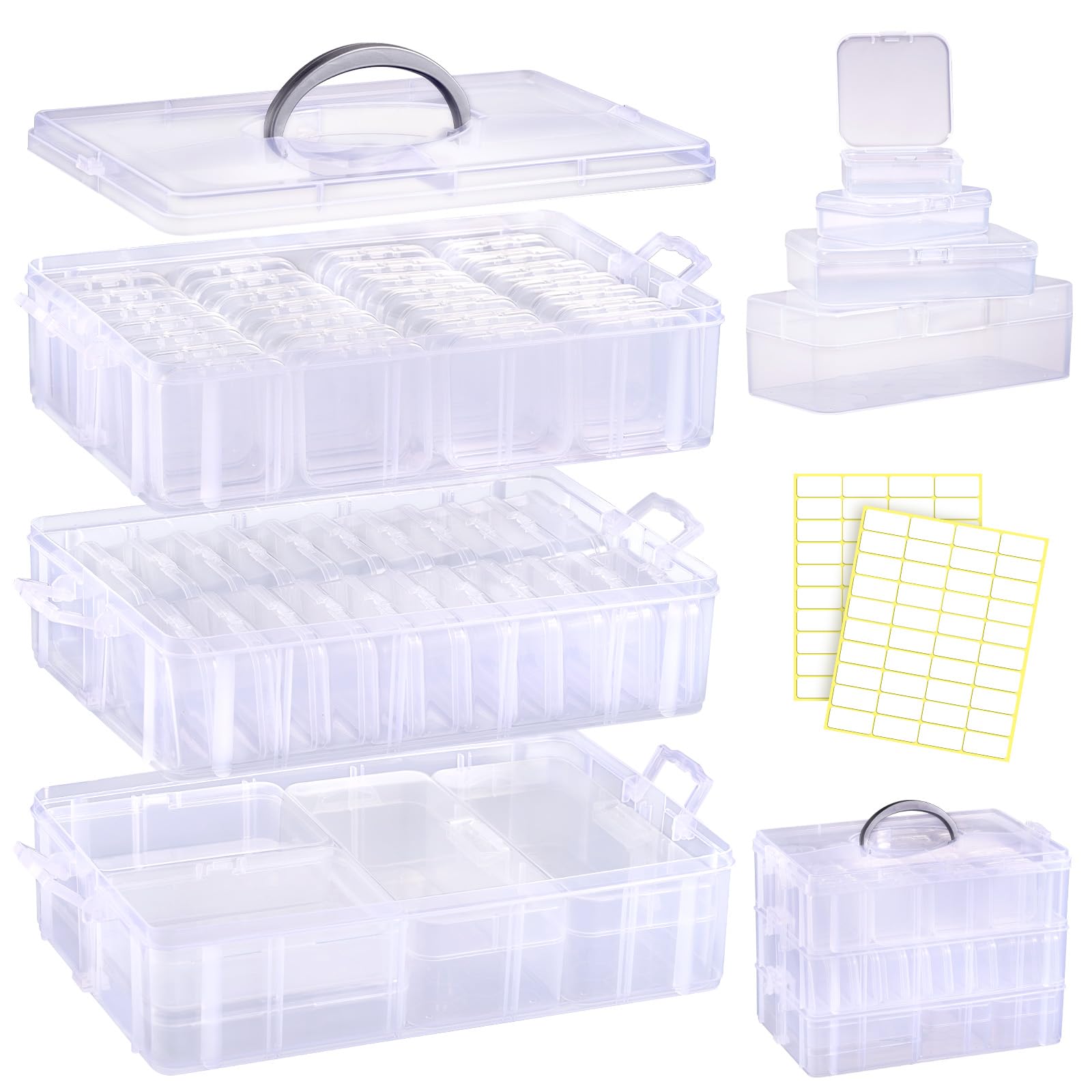 Funtopia Bead Organizers and Storage, 56 Pcs Small Plastic Containers with Lids and 3-Tier Stackable Storage Box, Mini Clear Organizers for Jewelry Toys Craft Storage (4 Sizes)