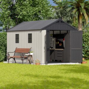 victone plastic outdoor storage shed 8 x 12 ft with floor, resin tool shed with two windows and lockable door for garden, backyard, easy to install in gray and white (kick-it shed)