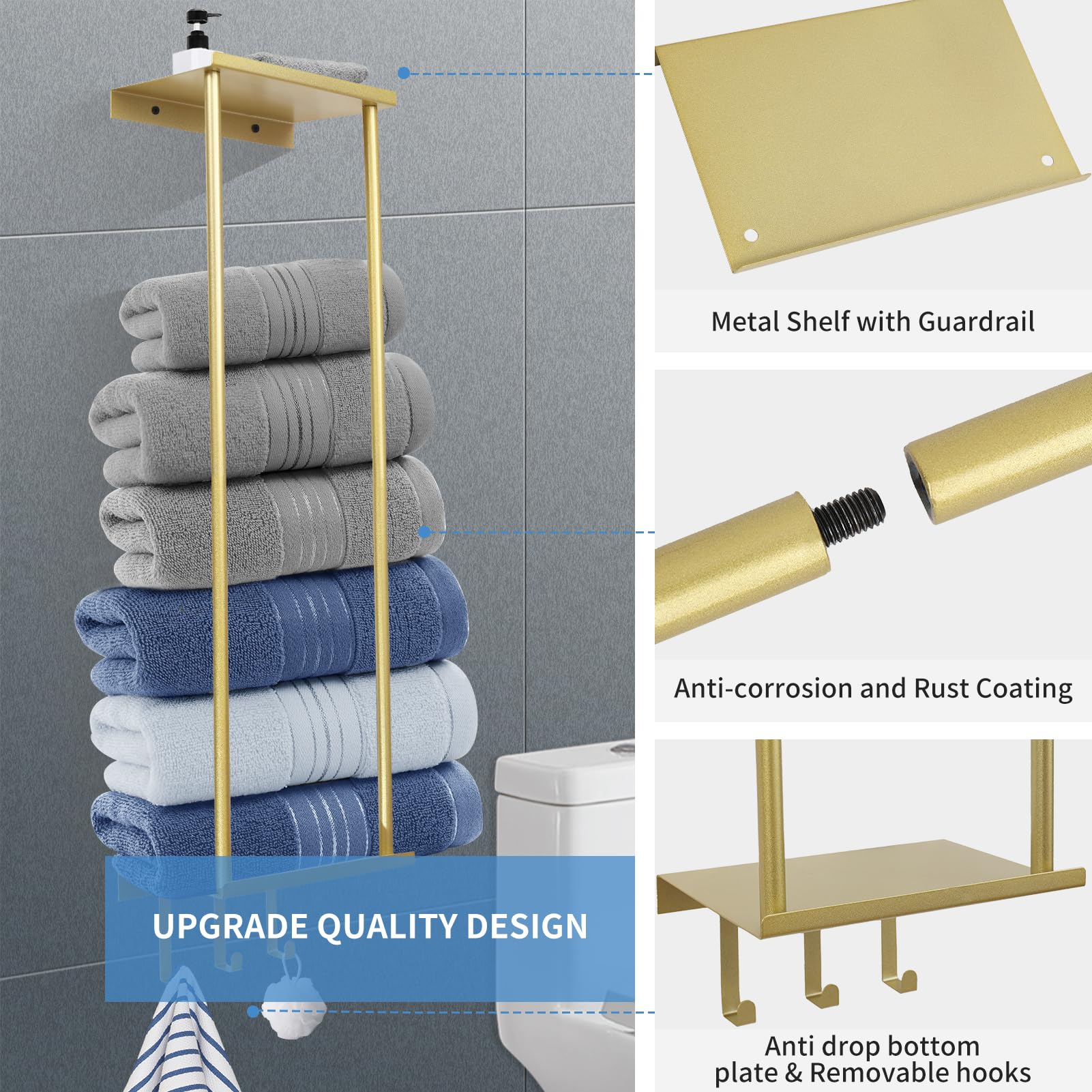 HOTNIU Towel Rack Wall Mounted Bathroom Towel Holder for Rolled Towels, Gold Metal Towel Storage Organizer with Shelf and 3 Removeable Hooks