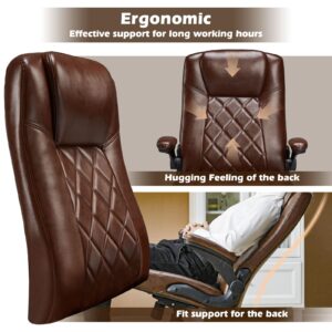 ZZWHOM Wider Office Chair w/Flip-Up Arms Executive Leather Office Chair w/Lumbar Support Adjustable Swivel Home Desk Chair w/Rocking Function (Brown)