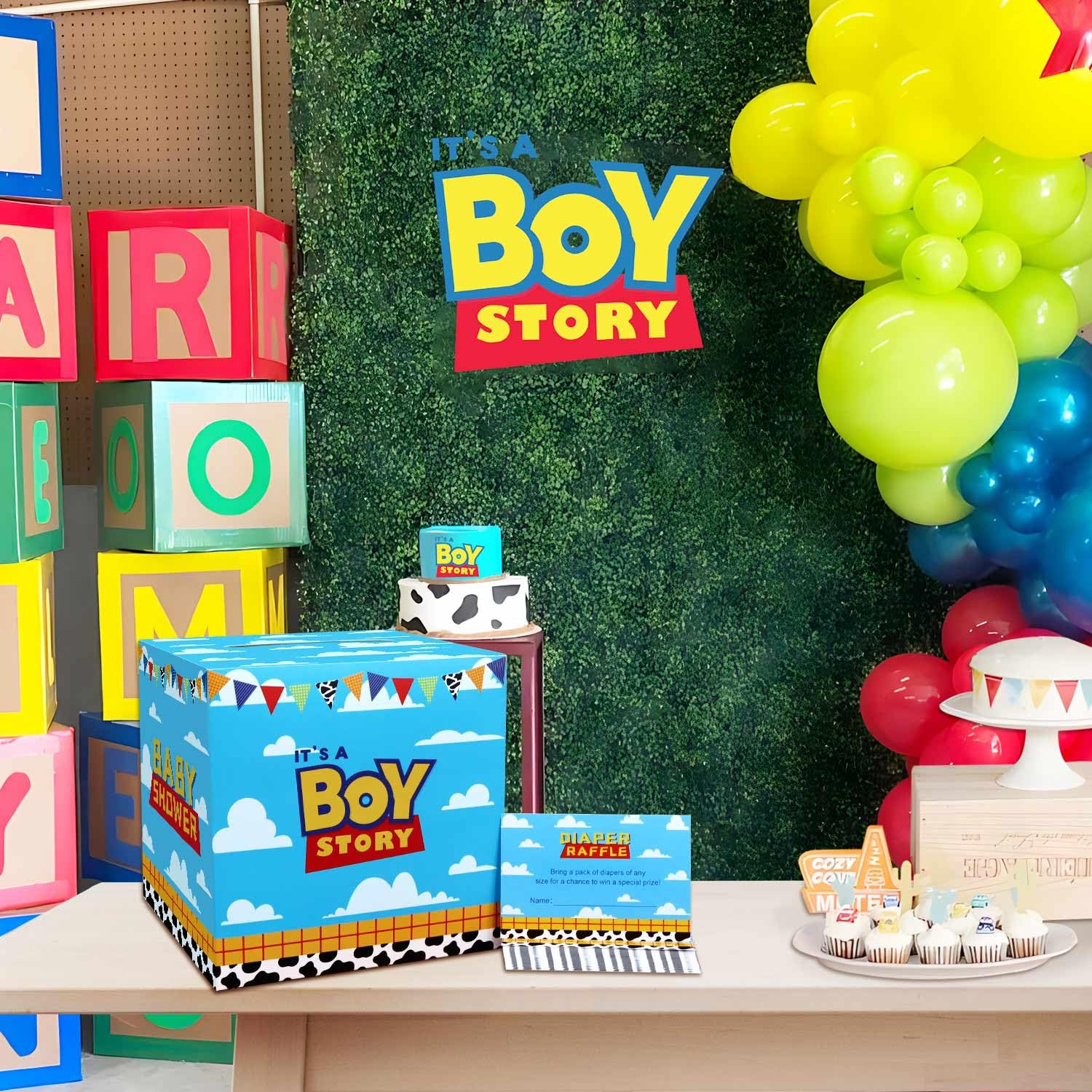 Heboland Cartoon Toy Baby Shower Decorations Diaper Raffle Box with 50 Tickets Cards,It's A Boy Story Baby Shower Theme Game