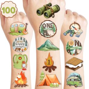 cute camper temporary tattoos camping first birthday party decorations favors supplies 1st themed stickers 10 sheets 100 pcs gifts for baby kids girls boys decor class school carnival christmas