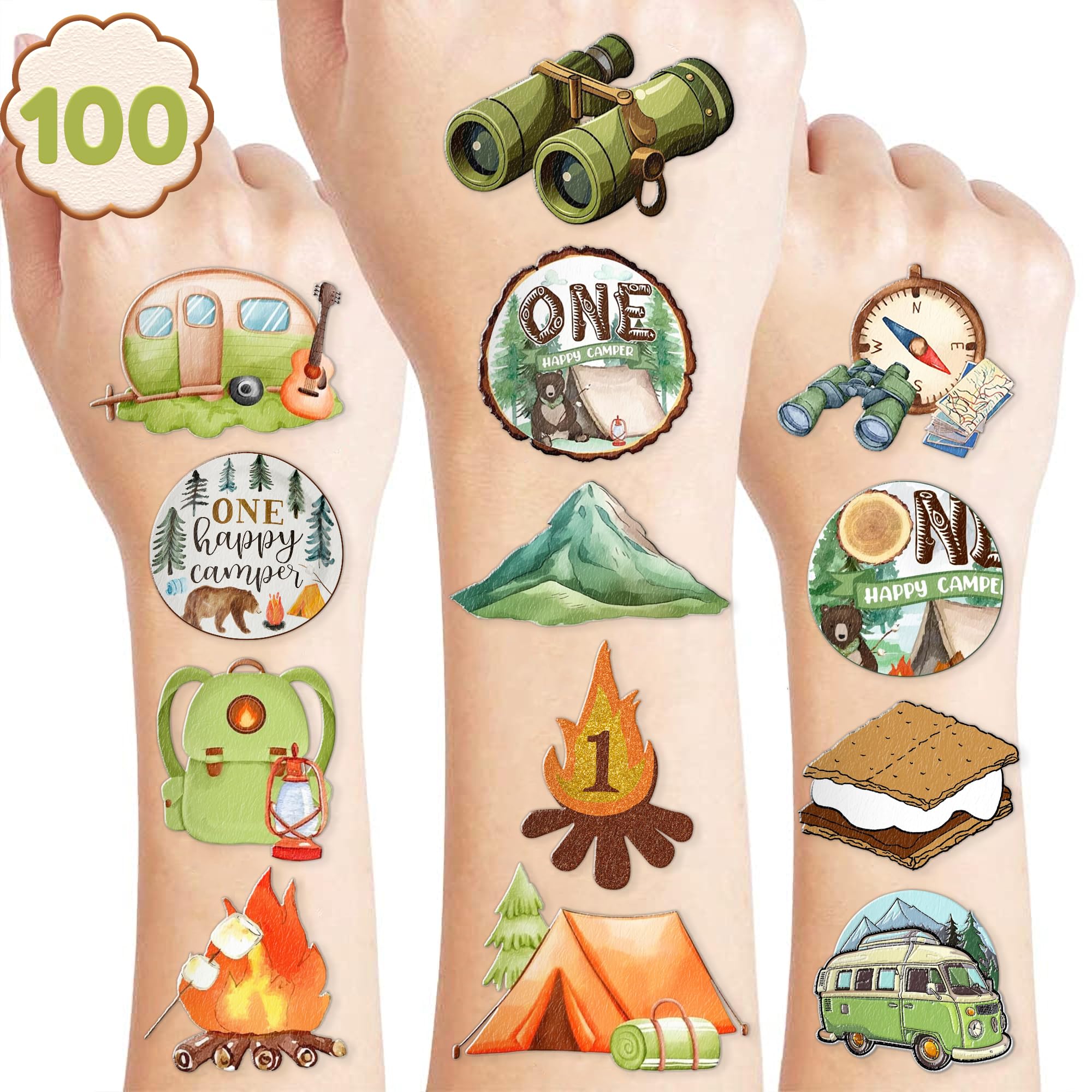 Cute Camper Temporary Tattoos Camping First Birthday Party Decorations Favors Supplies 1st Themed Stickers 10 Sheets 100 PCS Gifts for Baby Kids Girls Boys Decor Class School Carnival Christmas