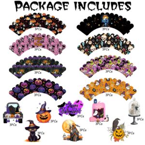 48Pcs Halloween Cupcake Toppers and Liners, Halloween Cupcake Decorations, Cake Toppers for Halloween Birthday Party, Baby Shower, Spooky One Birthday