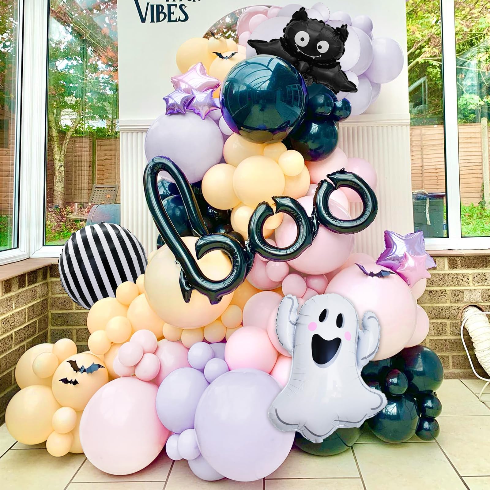 Double Stuffed Pink Halloween Balloon Arch Kit 142Pcs Pink Orange Purple Balloons with Bat Ghost Stripe Foil Balloons Bat Stickers for Spooky A Little Boo Ghost Theme Birthday Baby Shower Halloween