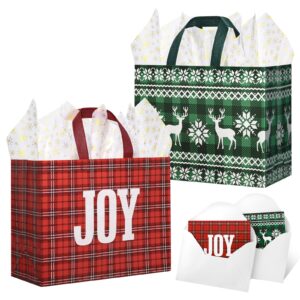 stypop 2 pack 13" large christmas gift bags with tissue paper, reusable christmas tote bags with handles, non-woven holiday gift bags for christmas gift wrap/party favor supplies, 12.8"*10.2"*6.3"