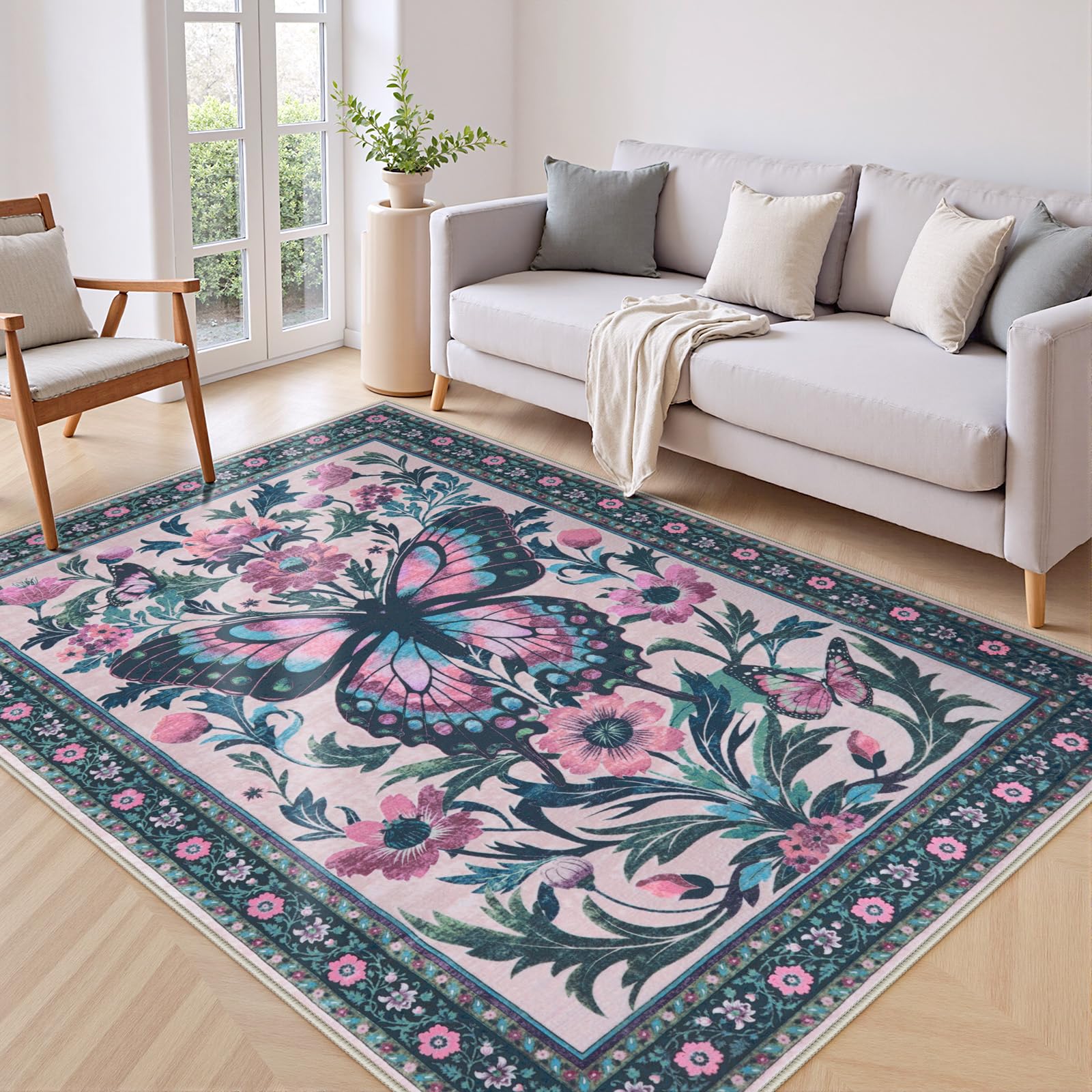 Uphome Living Room Rug 5x7 Rug, Boho Washable Pink Rugs for Bedroom Girls, Non-Slip Soft Modern Nursery Rug, Butterfly Print Low Pile Accent Carpet for Dining Room Office Kids Playroom