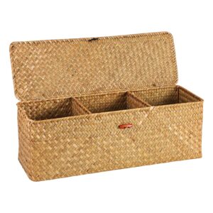 moosky wicker shelf baskets with lid, seagrass basket for storage rectangular woven baskets boxes 3-section home decor organizer (natural, large)