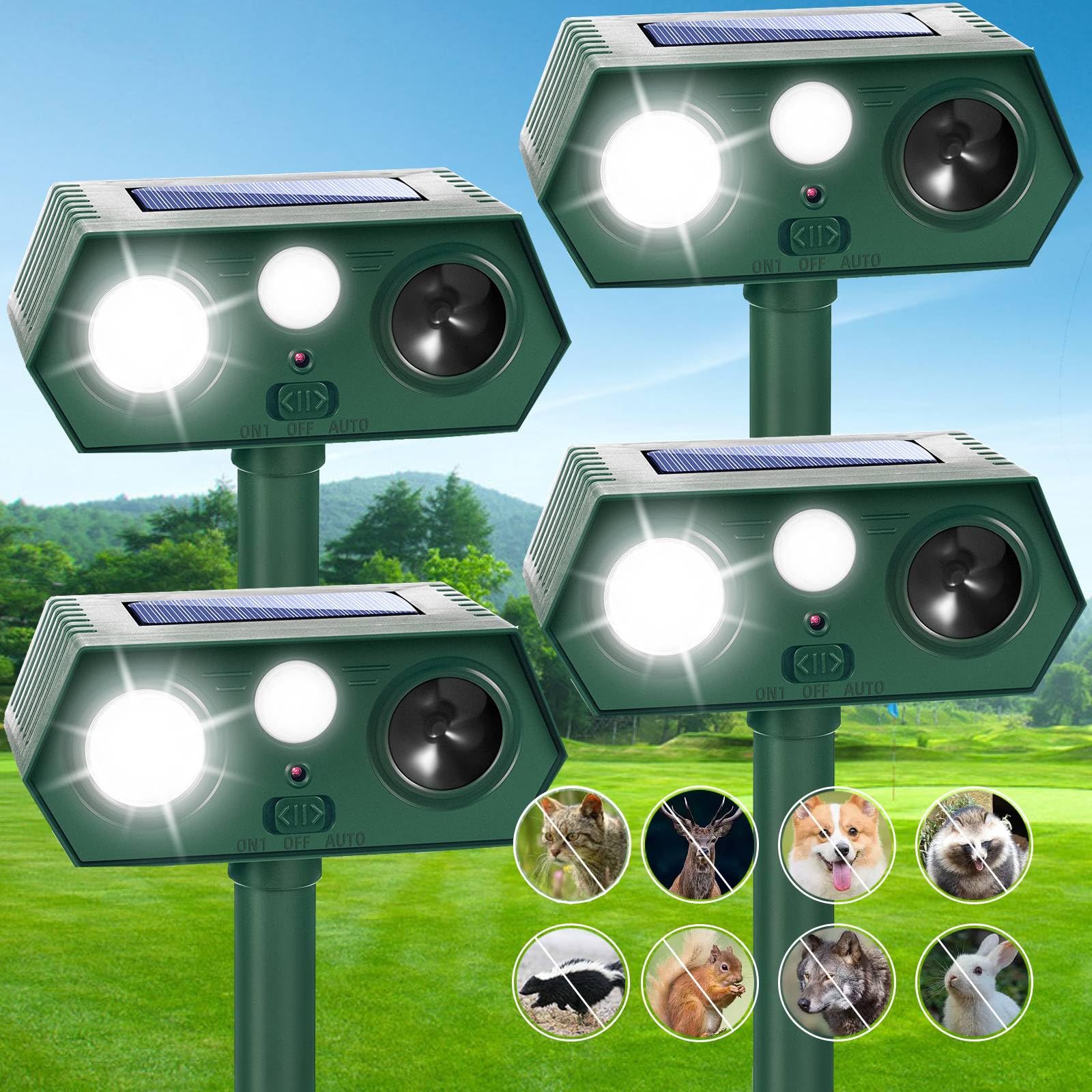 4 Pack Solar Ultrasonic Animal Repellent Outdoor 2024 Waterproof Deer Repellent Devices with Flash Light Motion Sensor to Keep Cat Deer Squirrel Raccoon Rabbit Skunk Bunny Out of Yard Garden