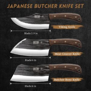 HOSHANHO Butcher Knife Set, 3 Pieces Kitchen Knife Set of Heavy Duty Butcher Bone Chopper Knife & Meat Cleaver Knife & Viking Knife, Professional Knife Set for Home, Cooking, Camping BBQ