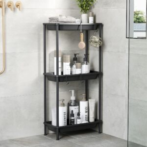 orimade rustproof 3 tier floor standing shower caddy organizer, plastic metal splicing floor shelf rack stands for bathroom kitchen,15.35 x 29.33 x 7.87’’, black