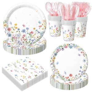 linhaxm 168pcs wildflower party decorations spring floral baby shower birthday decorations include plates, cups, napkins, cutlery for wildflower baby shower tea decorations, serve 24