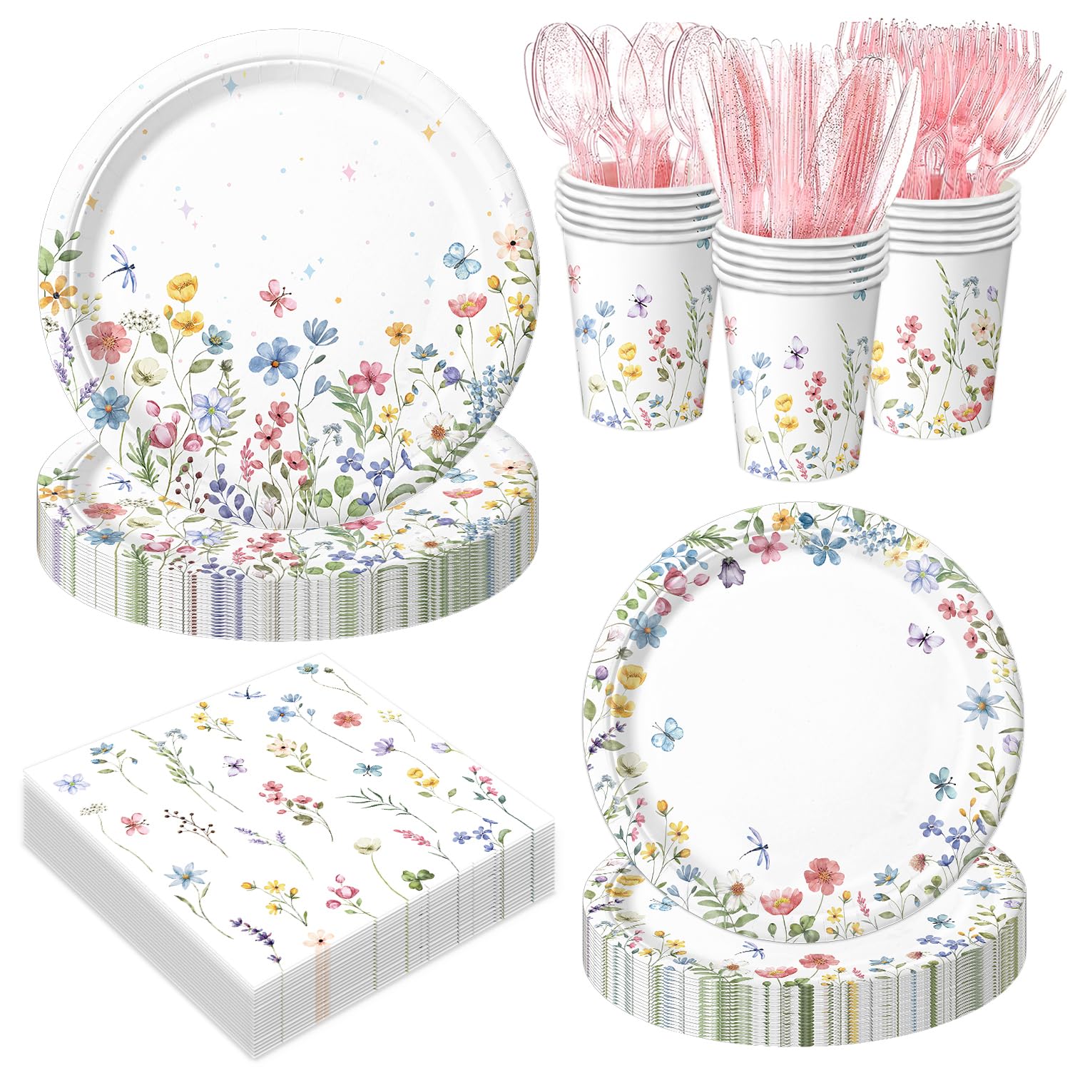 LINHAXM 168PCS Wildflower Party Decorations Spring Floral Baby Shower Birthday Decorations Include Plates, Cups, Napkins, Cutlery for Wildflower Baby Shower Tea Decorations, Serve 24