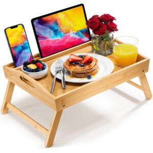 bed table tray with folding legs, laptop holder and handles - breakfast tray bamboo bed tray for eating, sofa, bed, food trays for eating on couch, snacking and working