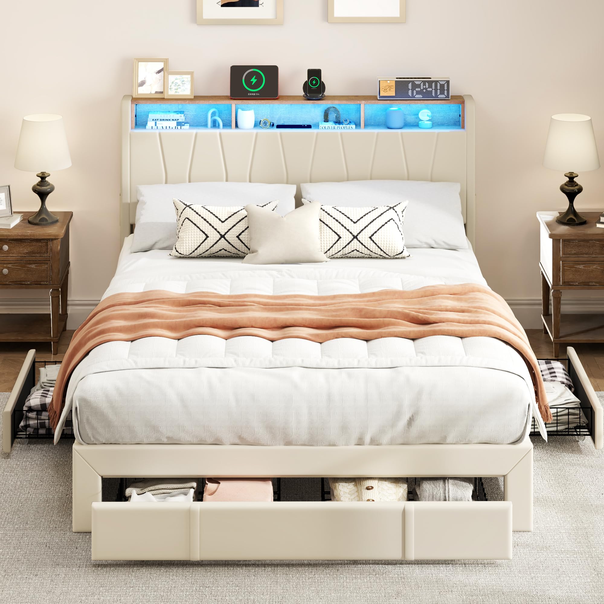 DWVO LED Bed Frame King Size, Storage Bed Frame with 4 Drawers & LED Light, Upholstered Platform Bed with Storage Bookcase Headboard and Charging Station, No Box Spring Needed, Easy Assembly, Beige