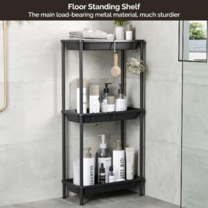 Orimade Rustproof 3 Tier Floor Standing Shower Caddy Organizer, Plastic Metal Splicing Floor Shelf Rack Stands for Bathroom Kitchen,15.35 x 29.33 x 7.87’’, Black