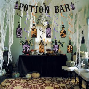 Pre-Strung Potion Bar Banner for Halloween Party Decorations with Potion Bar Hanging Swirls, Halloween Party Banner, Halloween Bar Sign Decorations for Mantel, Halloween Haunted Mansion Decorations