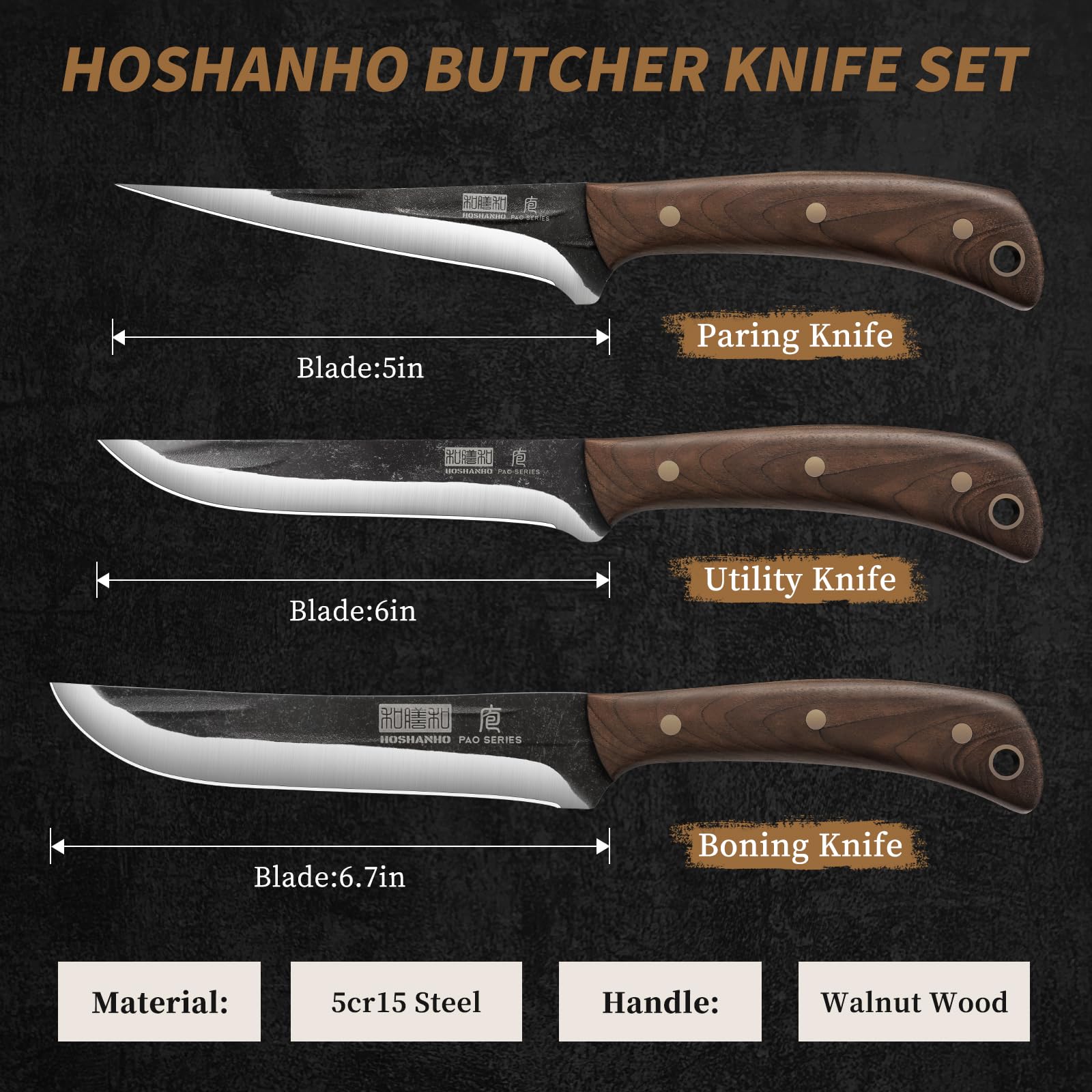 HOSHANHO Butcher Knife Set 3-Piece, Super Sharp Hand Forged Knife Set, Fillet Knife & Dividing Knife & Paring Knife, Upgraded High Carbon Stainless Steel Meat Cutting Knife Set for Home, Outdoor