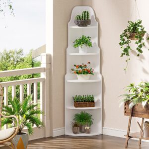 Tribesigns 69" White Corner Shelf, 5-Tier Modern Corner Bookshelf, Small Bookcase Plant Stand Storage Rack with Tower Shape for Living Room, Home Office, Kitchen