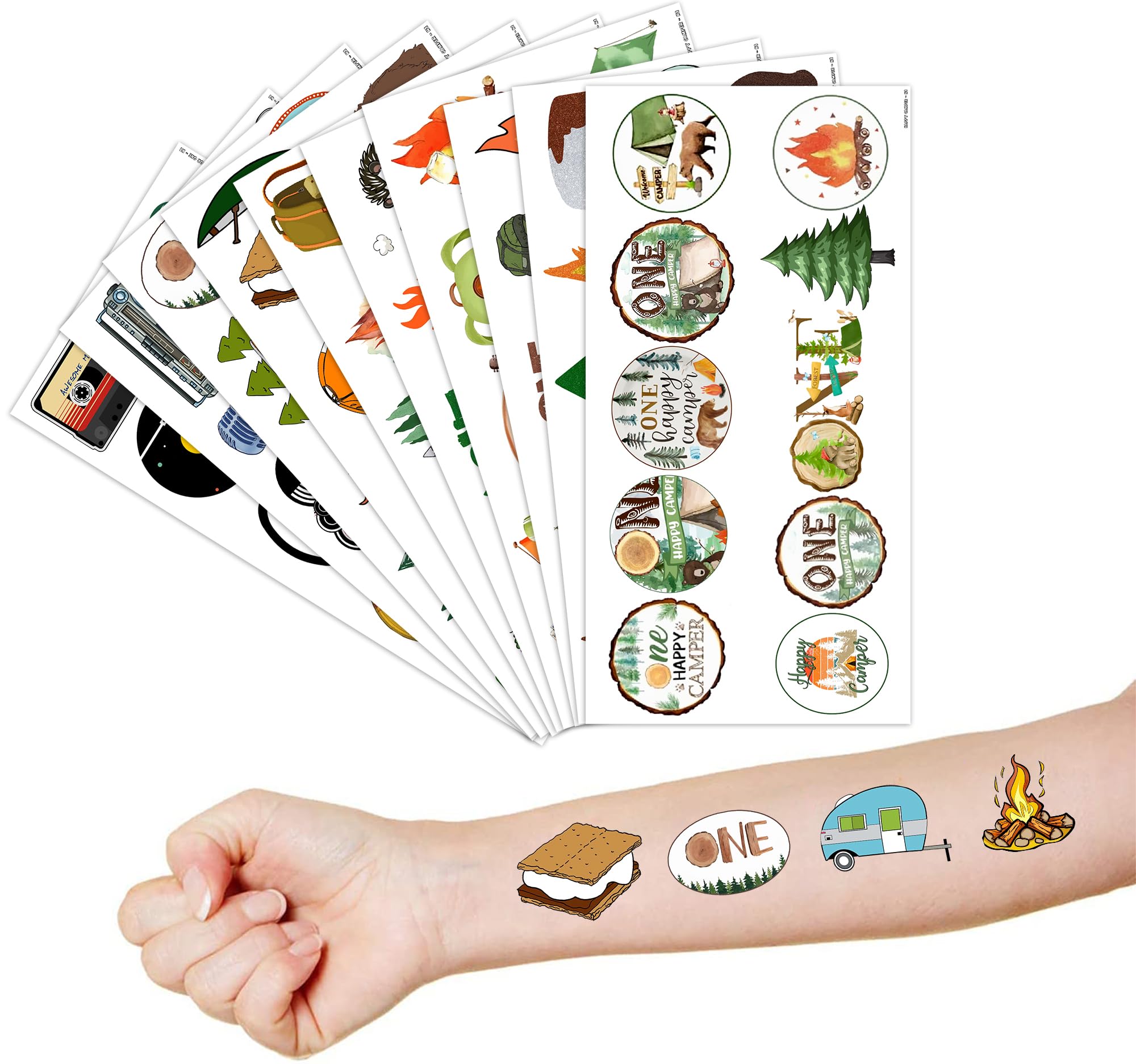 Cute Camper Temporary Tattoos Camping First Birthday Party Decorations Favors Supplies 1st Themed Stickers 10 Sheets 100 PCS Gifts for Baby Kids Girls Boys Decor Class School Carnival Christmas