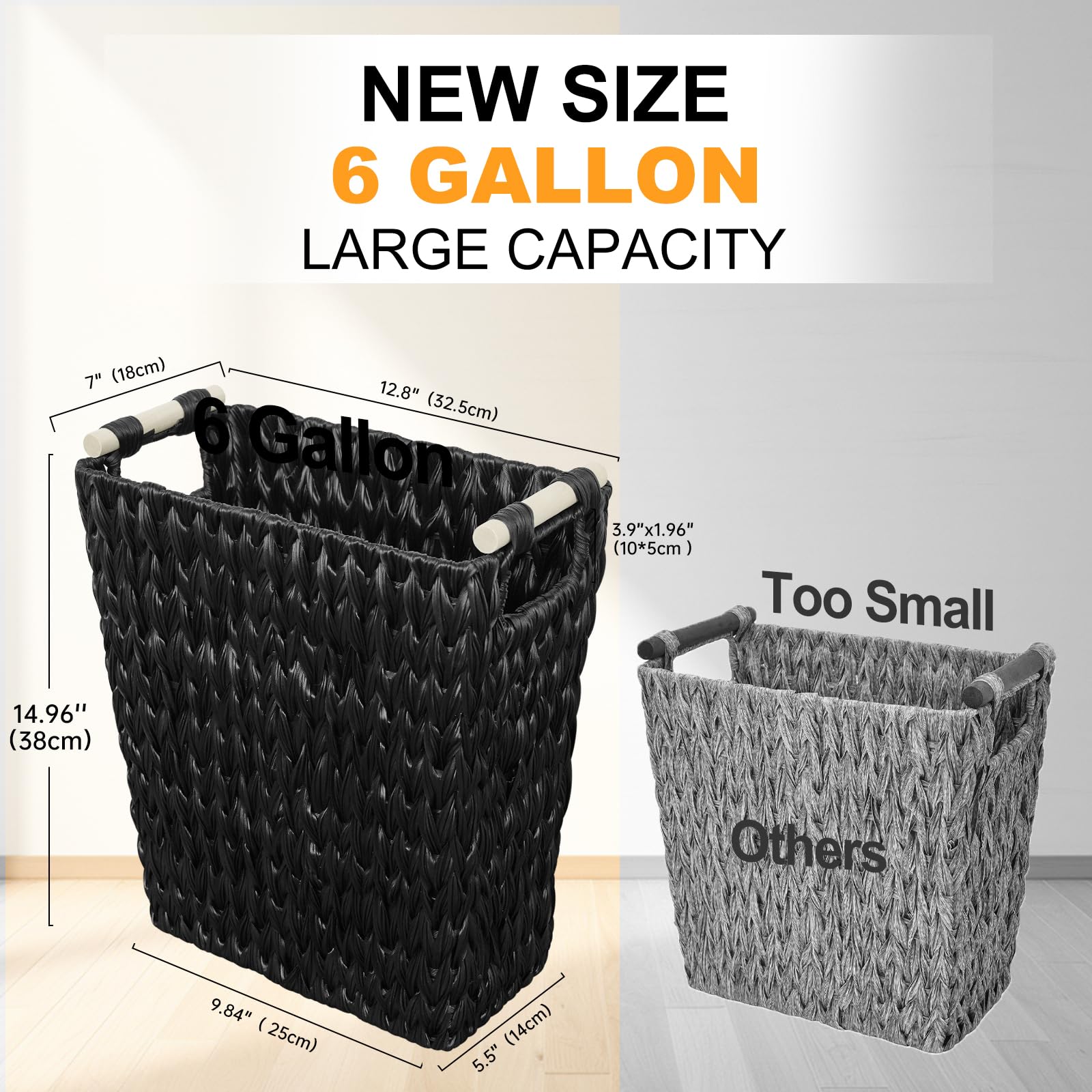 Coeusy 6 Gallon Wicker Trash Can-Black Bathroom Trash Can,Handwoven Waterproof Wicker Trash Basket,Narrow Waste Basket for Bedroom,Kitchen,Office